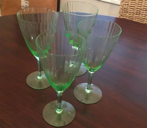 Vintage Green Depression Uranium Glass Stem Wine Glasses Goblets Set Of