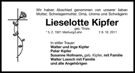 Traueranzeigen Von Lieselotte Kipfer Trauernnde