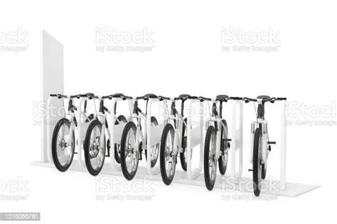 자전거 개념을 임대 주차장 이나 임대 역에서 현대 산악 자전거의 행 3d 렌더링 거리에 대한 스톡 사진 및 기타 이미지 거리 고정됨 관광 Istock