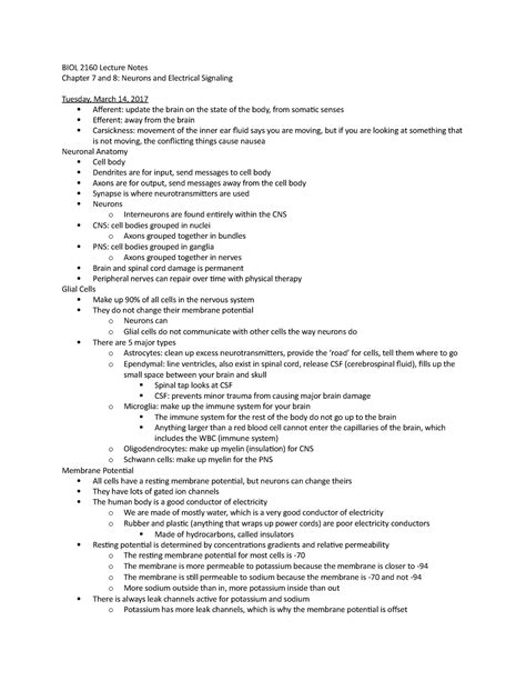 Biol 2160 Ch 7 And 8 Lecture Notes Biol 2160 Lecture Notes Chapter 7 And 8 Neurons And