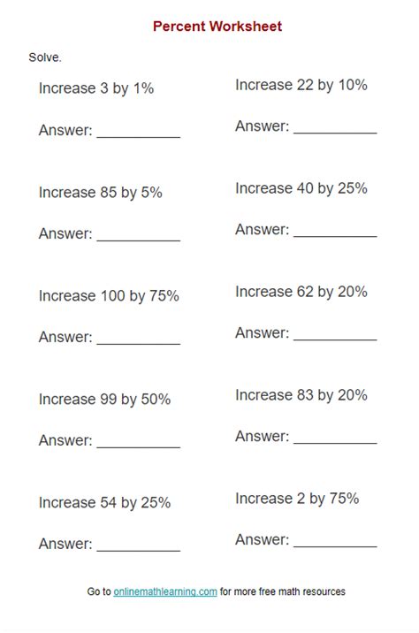 Increase A Number By A Percentage Worksheet Answers Examples