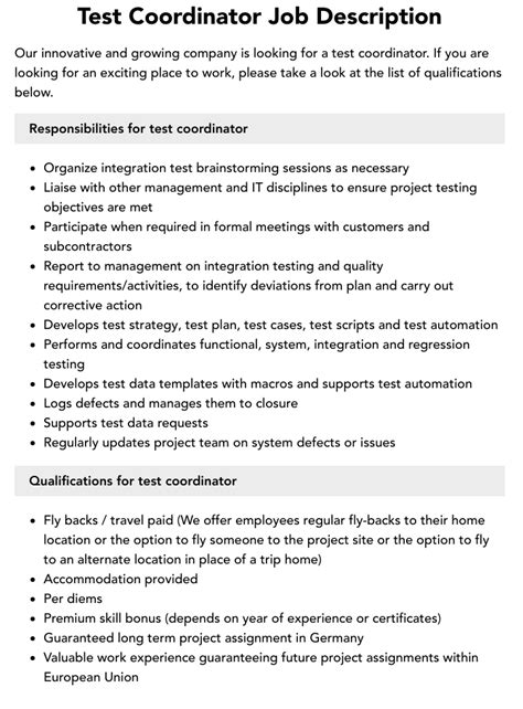 Test Coordinator Job Description Velvet Jobs