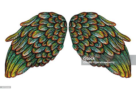 쌍이 글 새 또는 천사의 날개에 밖으로 화려한 확산 에칭된 목 판 빈티지 스타일 날개의 화려한 확산입니다 바디 아트에 대 한 아프리카 인도 토템 문신 디자인 개념 벡터입니다