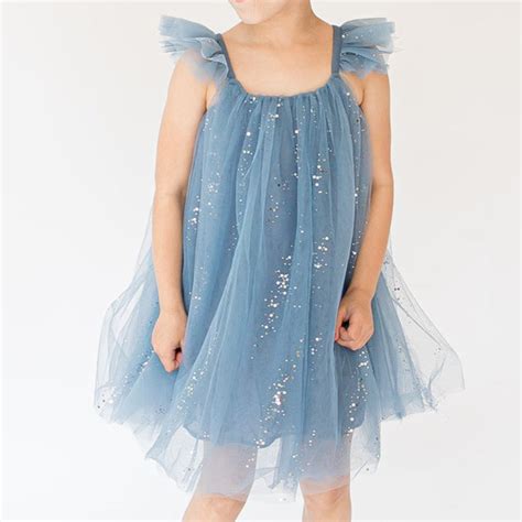Girls Blue Sparkly Tulle Flutter Sleeve Twirl Dress Cuteheads