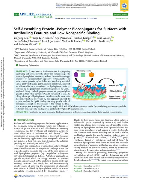 Pdf Self Assembling Protein Polymer Bioconjugates For Surfaces With Antifouling Features And