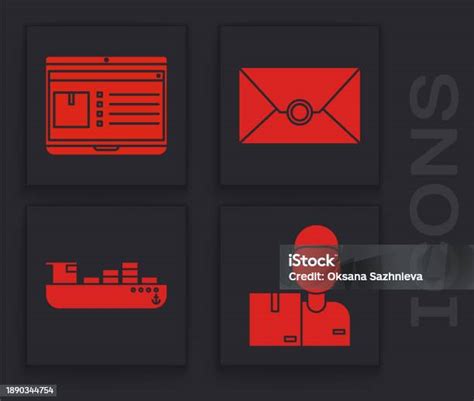 골판지 상자를 가진 배달원 App 배달 추적 상자 배달 서비스 아이콘을 가진 봉투 및 화물 배 를 가진 배달 남자를 놓으십시오 벡터 0명에 대한 스톡 벡터 아트 및 기타