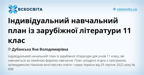 Індивідуальний навчальний план із зарубіжної літератури 11 клас Інші методичні матеріали