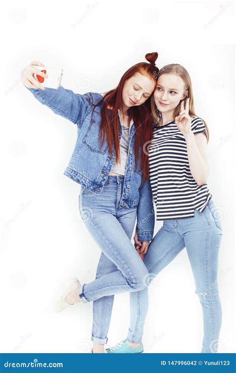 Two Best Friends Teenage Girls Together Having Fun Posing Emotional On