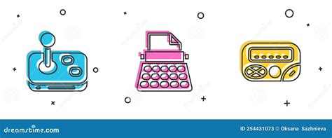Set Joystick Retro Typewriter And Pager Icon Vector Stock Illustration Illustration Of