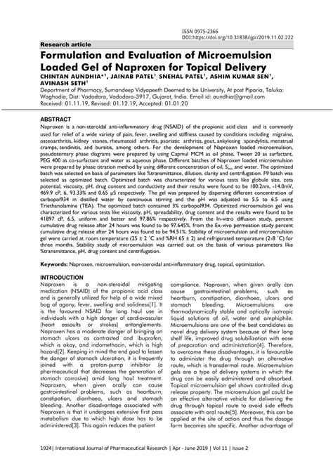 Pdf Formulation And Evaluation Of Microemulsion Loaded Gel Of Naproxen For Topical Delivery