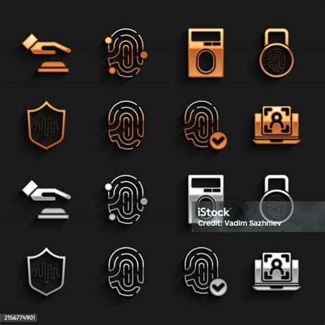 지문 설정 잠금 장치 노트북 얼굴 인식 방패 음성 손바닥 및 아이콘 벡터 검은색에 대한 스톡 벡터 아트 및 기타 이미지 검은색 그래픽 프린트 금 금속 Istock