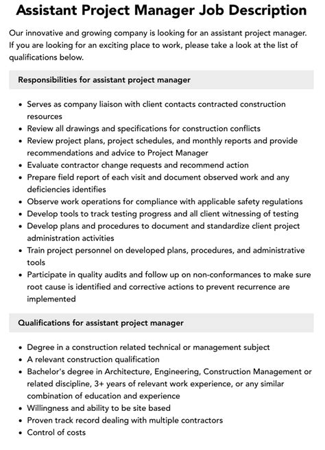 Assistant Project Manager Job Description Velvet Jobs