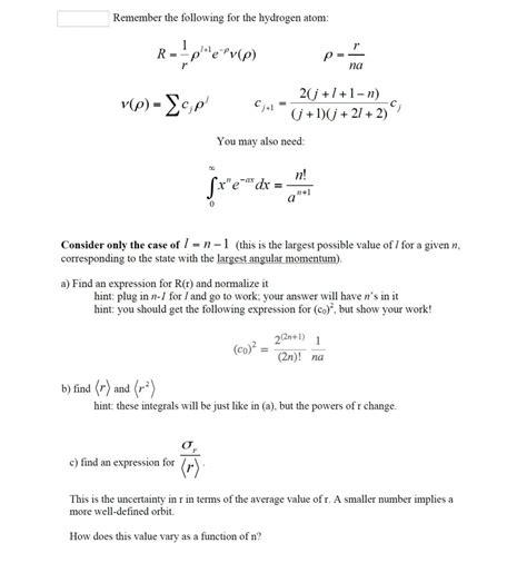 Solved Remember The Following For The Hydrogen Atom R Chegg Com
