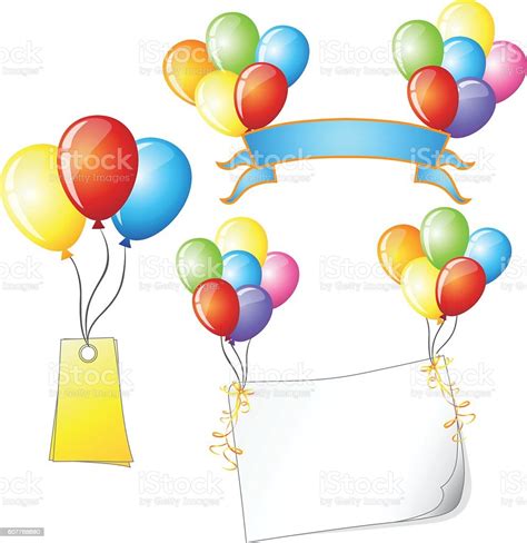 텍스트 바 템플릿 세트 벡터 일러스트와 다채로운 풍선 축제 다중 색상에 대한 스톡 벡터 아트 및 기타 이미지 다중 색상 벡터 생일 Istock