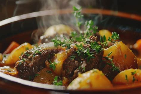 A Close Up Shot Of A Bowl Filled With Cooked Meat And Potatoes Stock