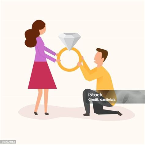 결혼의 제공 합니다 남자는 그와 결혼 하는 여자를 제안 하 고 약혼 반지를 제공 합니다 벡터 만화 스타일의 일러스트 레이 션 2