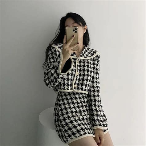 Fall Winter Sexy Tweed Plaid Two Piece Set Long Sleeve Tops And High