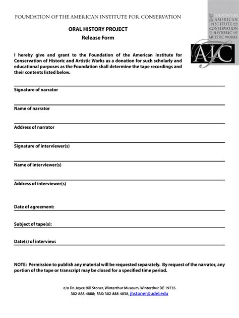 Fillable Online ORAL HISTORY PROJECT Release Form American Institute