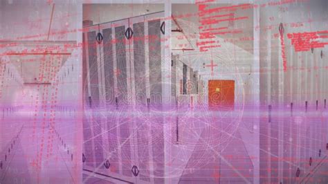 Animation Of Data Processing Over Globe Of Network Of Connections Against Computer Server Room