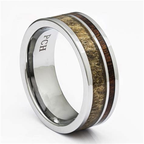 Mens Deer Antler Ring In Tungsten With Koa Wood Inlay 8mm Comfort Fit