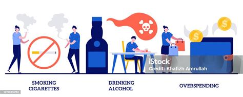 담배를 피우고 술을 마시고 작은 사람들과 개념을 과도하게 소비합니다 나쁜 습관 벡터 일러스트 레이션 세트 담배와 니코틴 중독