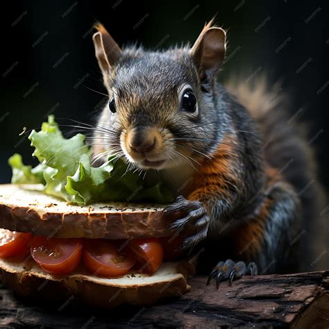 Squirrel Sitting On A Piece Of Bread With Lettuce And Tomato Premium