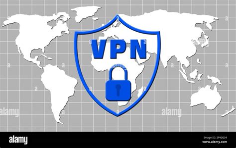 Vpn Blue Logo In Shield With Padlock Over Grid Pattern With White World Map On Gray Background