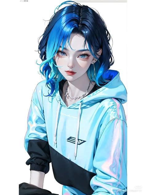 An Anime Character With Blue Hair Wearing A Hoodie And Black Gloves