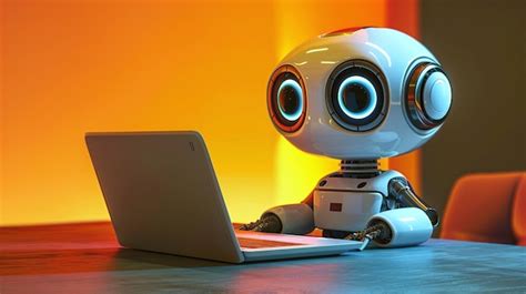 Cute Robot Working On Laptop Premium AI Generated Image