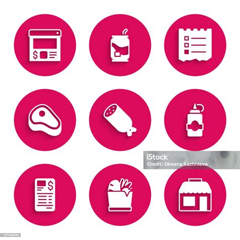 살라미 소시지 쇼핑백 및 식품 시장 상점 소스 병 종이 금융 수표 스테이크 고기 목록 및 온라인 주문 배송 아이콘을 설정합니다 벡터 0명에 대한 스톡 벡터 아트 및 기타