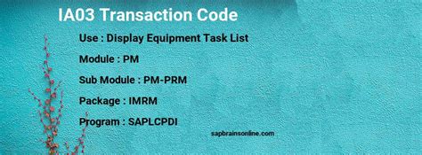 Ia03 Sap Tcode For Display Equipment Task List