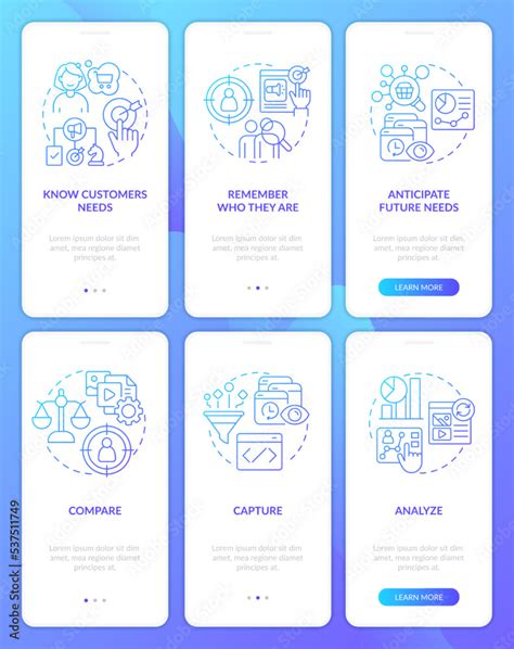 Research Target Audience Blue Gradient Onboarding Mobile App Screen Set Walkthrough 3 Steps