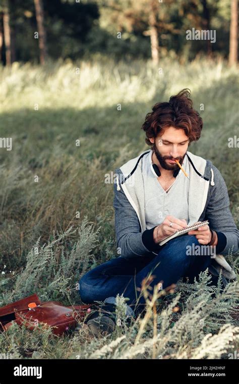 Artist Sketching In Notebook Outdoor Free Space Stock Photo Alamy