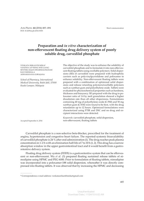 Pdf Preparation And In Vitro Characterization Of Non Effervescent Floating Drug Delivery