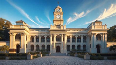 A Grand Neoclassical Building With A Symmetrical Facade Featuring A Central Clock Tower