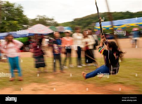 The Minority Akha Hill Tribe Swings In The Air The Lo Ching Festival