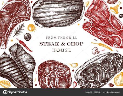 Raw Beef Steaks Vector Menu Template Meat Top View Frame Hand Stock Vector Image By Geraria