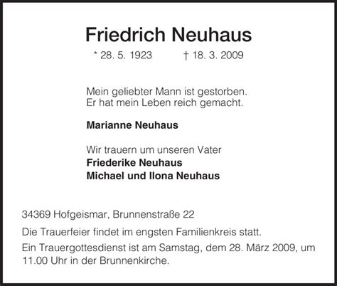 Traueranzeigen Von Friedrich Neuhaus Trauer HNA De
