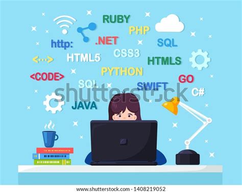 Programming Coding Programmer Sitting Desk Working Stock Vector