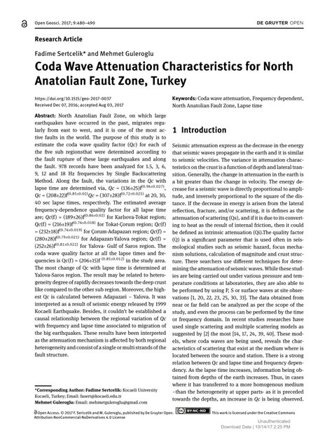 Pdf Coda Wave Attenuation Characteristics For North Anatolian Fault Zone Turkey