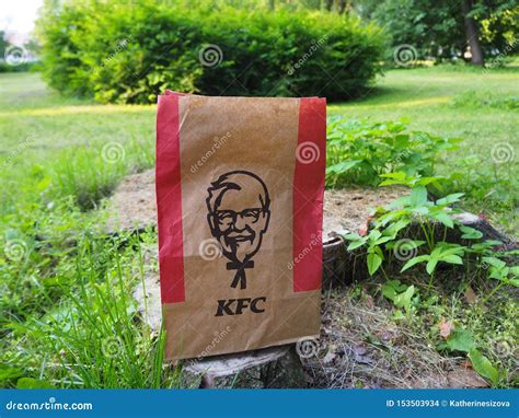 Kentucky Fried Chicken Paper Bag On A Tree Stump In The Park Editorial