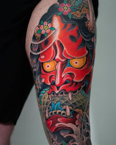 Japanese Red Hannya Mask Tattoo On The Thigh Mask Tattoo Hannya