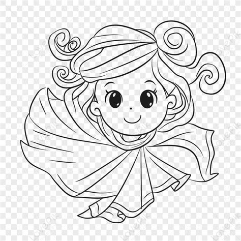 케이프 색칠 공부 페이지 개요 스케치 드로잉으로 비행하는 만화 소녀 벡터실크 흑백실크 개요 Png 일러스트 무료 다운로드