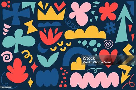 추상 벡터 모양 어두운 배경에 유기적인 색상 그래픽입니다 현대적인 손으로 그린 디자인 세트입니다 귀여운 낙서와 얼룩 꽃과 화살표의 트렌디한 복고풍 컬렉션 미니멀한 장난기