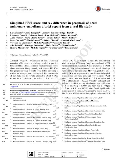 Pdf Simplified Pesi Score And Sex Difference In Prognosis Of Acute