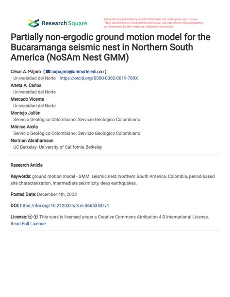 Pdf Partially Non Ergodic Ground Motion Model For The Bucaramanga Seismic Nest In Northern