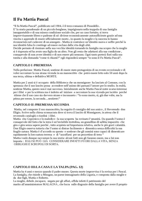 Il Fu Mattia Pascal L Pirandello Sintesi Del Corso Di Letteratura