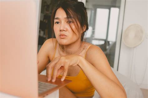 Woman Working With Her Laptop Computer Boring Work From Home Stock