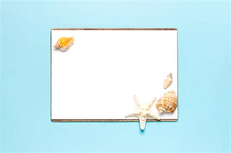 여름 개념 해양 배경 조개 불가사리 파스텔 파란색 배경에 흰색 빈 시트 상단보기 플랫 레이 복사 공간 바다 여름 휴가 모형 여행 해양 기념품 0명에 대한 스톡 사진 및 기타
