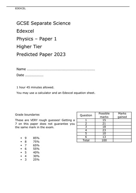 Edexcel Gcse Separate Science Physics Paper 1 And 2 Higher Tier Predicted Paper 2023 Questions